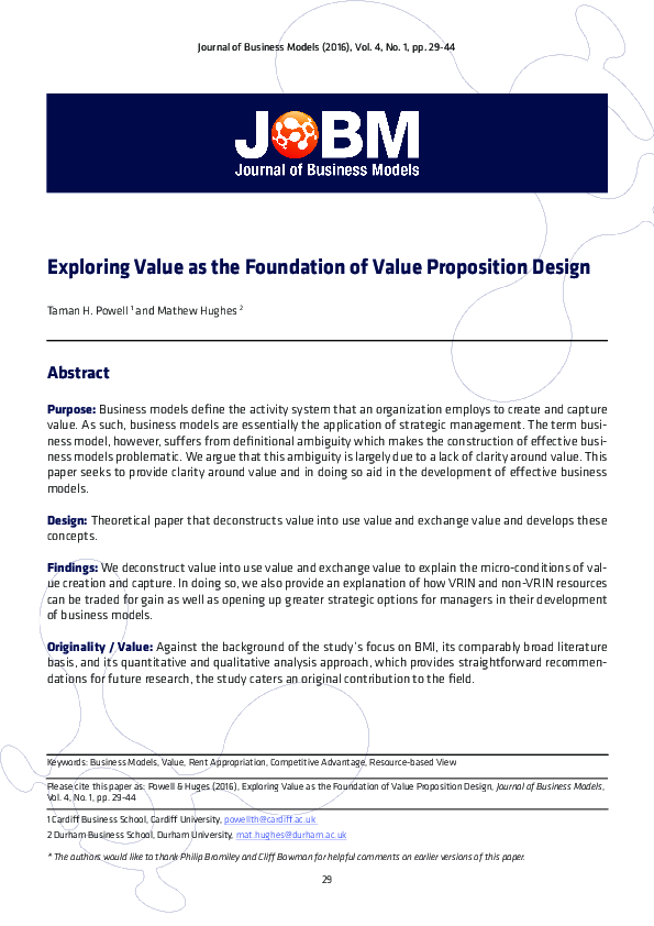 (PDF) Exploring Value as the Foundation of Value Proposition Design