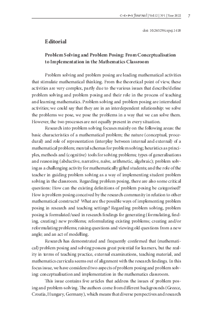(PDF) Editorial_ Problem Solving and Problem Posing: From Conceptualisation to Implementation in ...