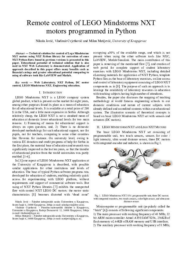(PDF) Remote control of LEGO Mindstorms NXT motors programmed in Python