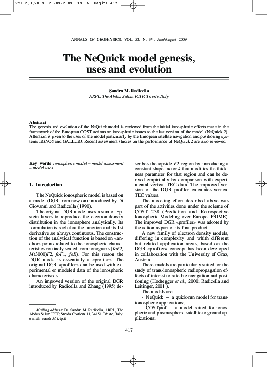 (PDF) The NeQuick model genesis, uses and evolution