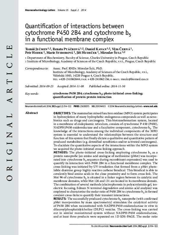 (PDF) Interactions between CYP2B4 and Cytochrome b5 in Membranes