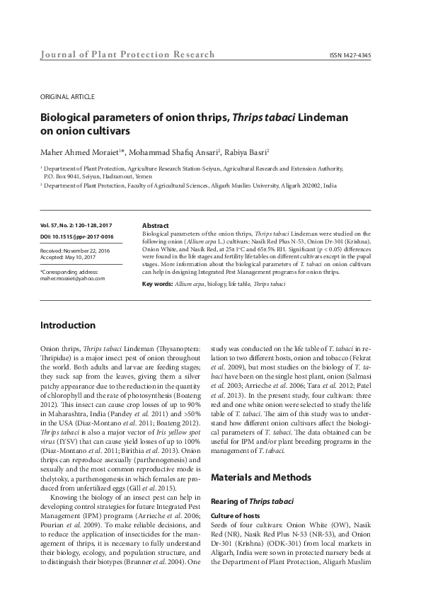 (PDF) Biological parameters of onion thrips, Thrips tabaci Lindeman on onion cultivars
