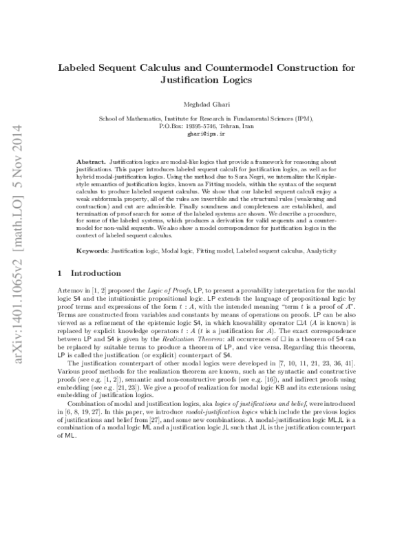 (PDF) Labeled Sequent Calculus and Countermodel Construction for Justification Logics | Meghdad ...