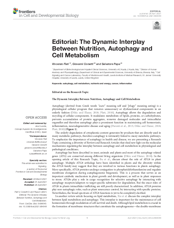 (PDF) Editorial: The Dynamic Interplay Between Nutrition, Autophagy and ...