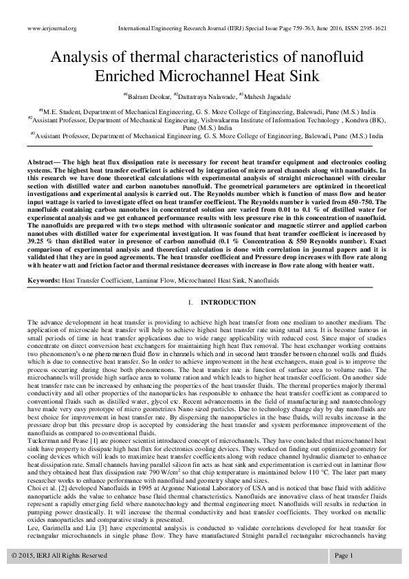 (PDF) Analysis of thermal characteristics of nanofluid Enriched Microchannel Heat Sink | Mahesh ...