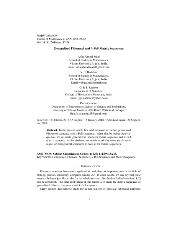 (PDF) Generalized Fibonacci and k-Pell Matrix Sequences
