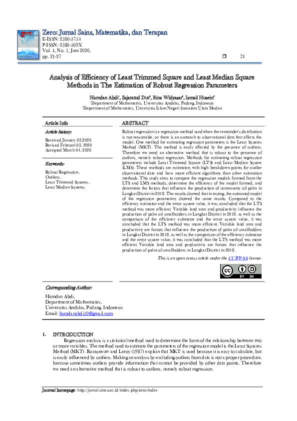 Pdf Analysis Of Efficiency Of Least Trimmed Square And Least Median Square Methods In The