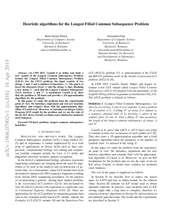 (PDF) Heuristic Algorithms for the Longest Filled Common Subsequence Problem