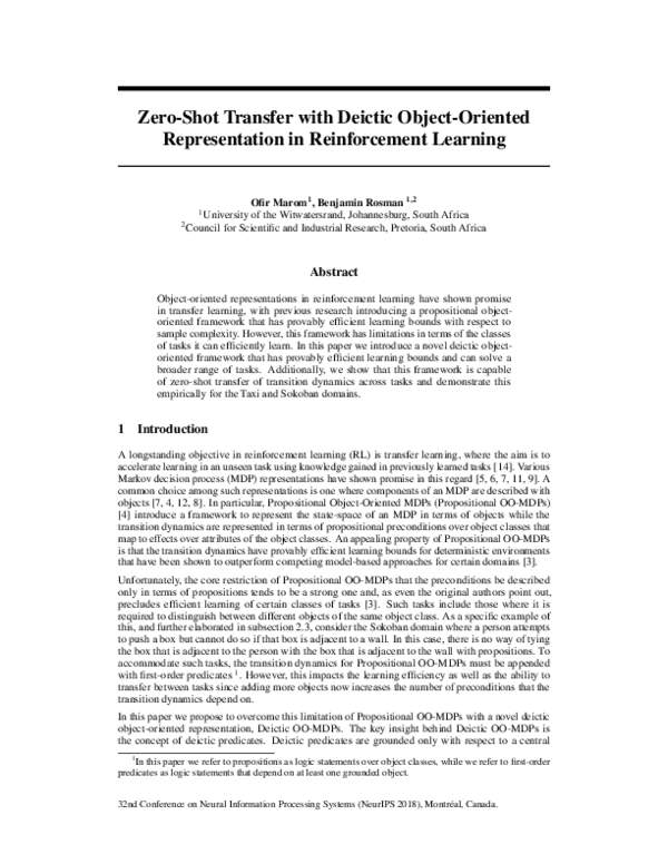 (PDF) Zero-Shot Transfer with Deictic Object-Oriented Representation in Reinforcement Learning