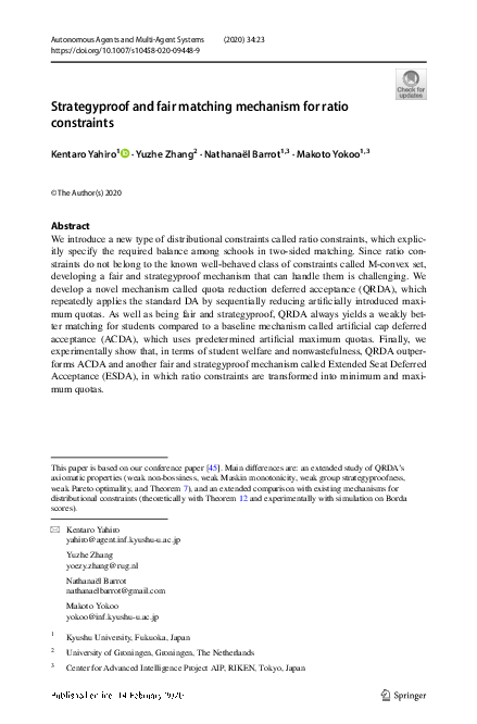 (PDF) Strategyproof and fair matching mechanism for ratio constraints