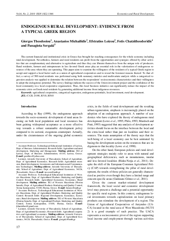 (PDF) Endogenous Rural Development: Evidence from a Typical Greek Region