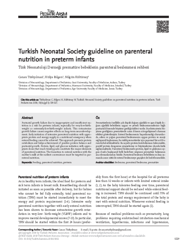 (PDF) Turkish Neonatal Society guideline on the parenteral nutrition in ...