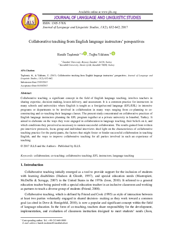 (PDF) Collaborative teaching from English language instructors’ perspectives