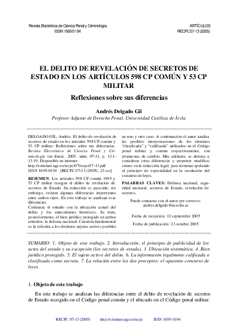 (PDF) El delito de revelación de secretos de estado en los artículos 598 CP común y 53 CP ...