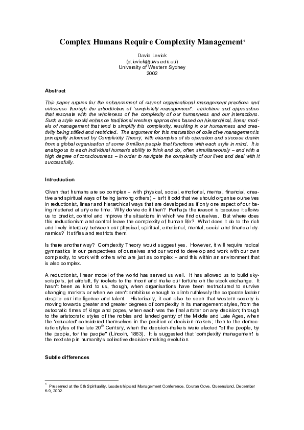 (PDF) Complex Humans Require Complexity Management | David Levick ...