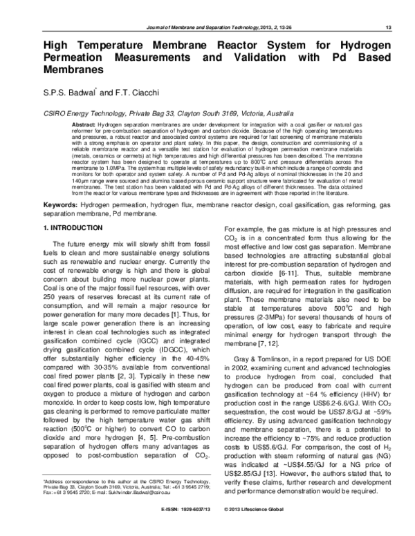 (PDF) High Temperature Membrane Reactor System for Hydrogen Permeation ...