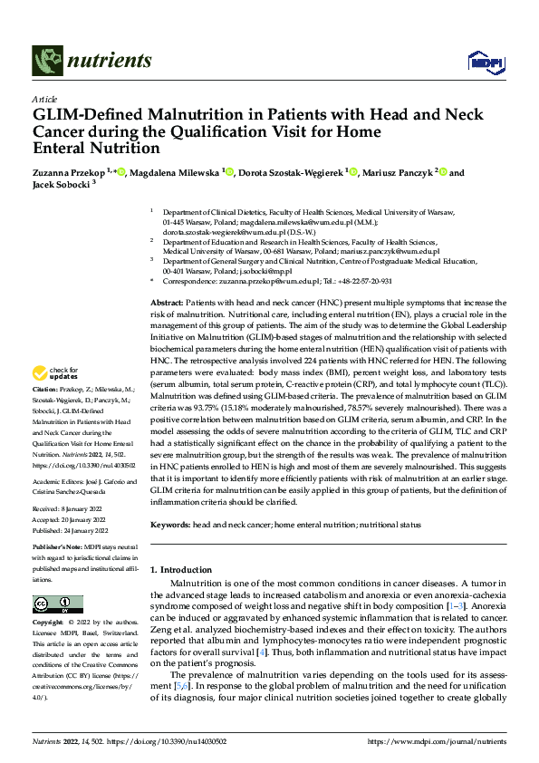 (PDF) GLIM-Defined Malnutrition in Patients with Head and Neck Cancer ...
