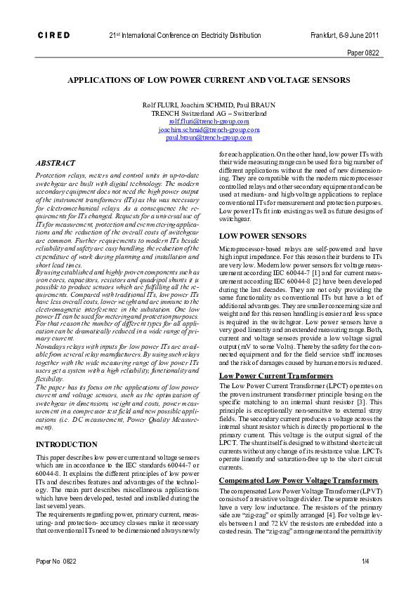 (PDF) Applications of Low Power Current and Voltage Sensors