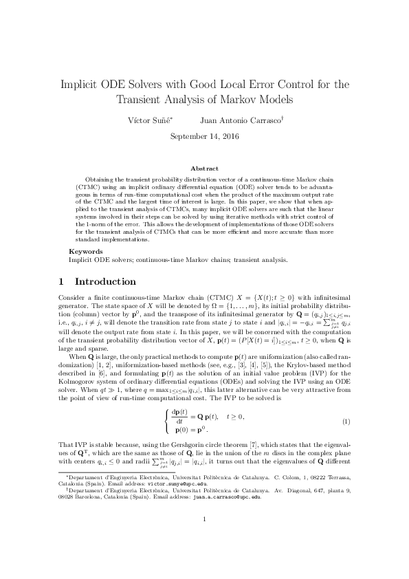 (PDF) Implicit ODE solvers with good local error control for the transient analysis of Markov models