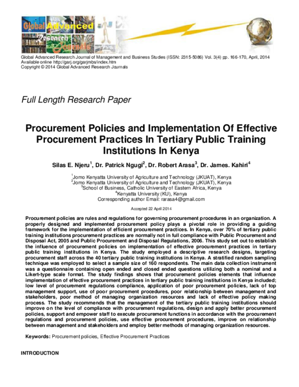 (PDF) Procurement Policies and implementation of effective procurement ...