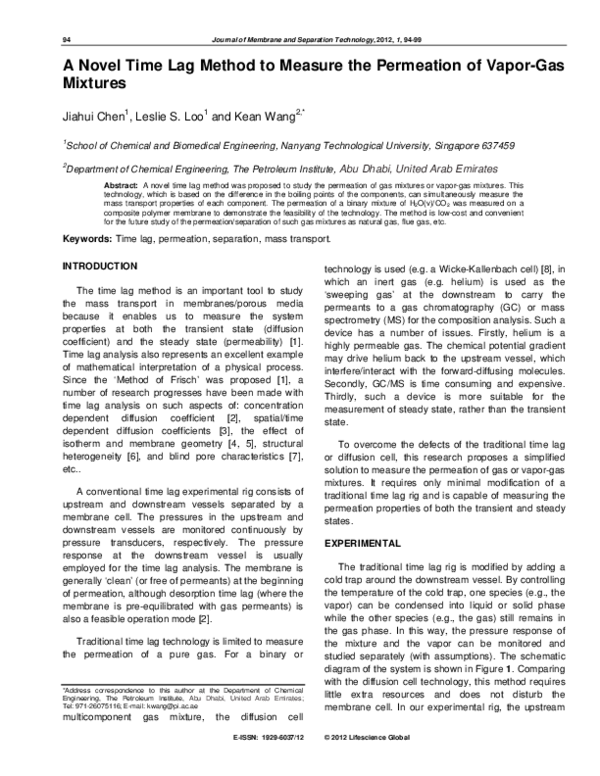 (PDF) A Novel Time Lag Method to Measure the Permeation of Vapor-Gas ...