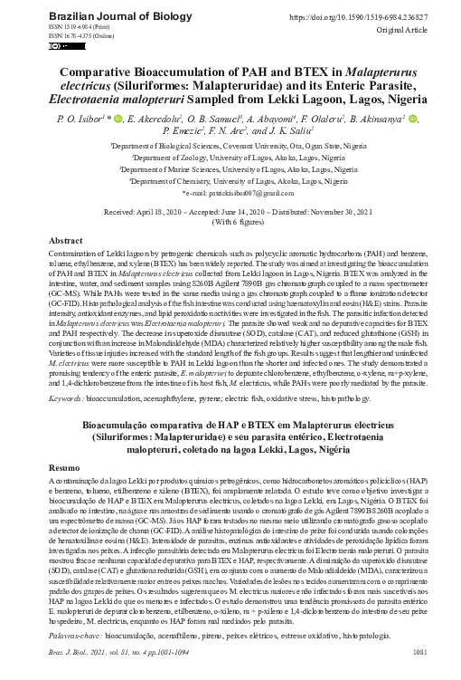 (PDF) Comparative Bioaccumulation of PAH and BTEX in Malapterurus ...