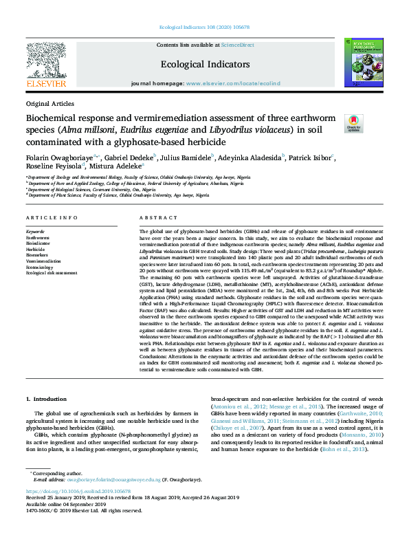 (PDF) Biochemical response and vermiremediation assessment of three ...