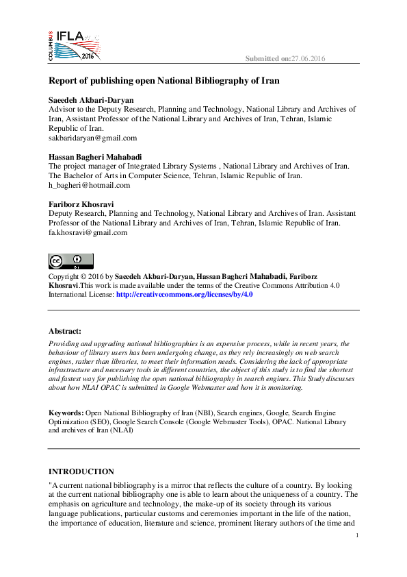 (PDF) Report of publishing open National Bibliography of Iran