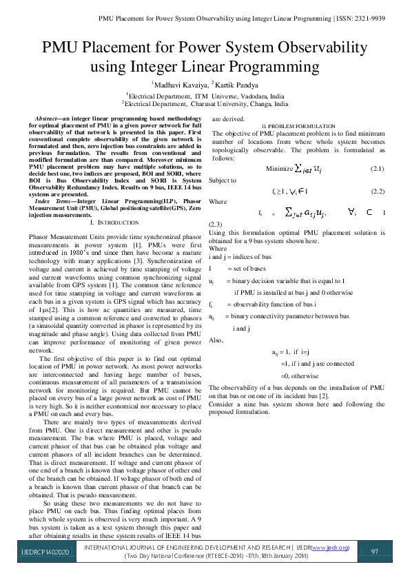 Pdf Pmu Placement For Power System Observability Using Integer Linear Programming 1 Kartik