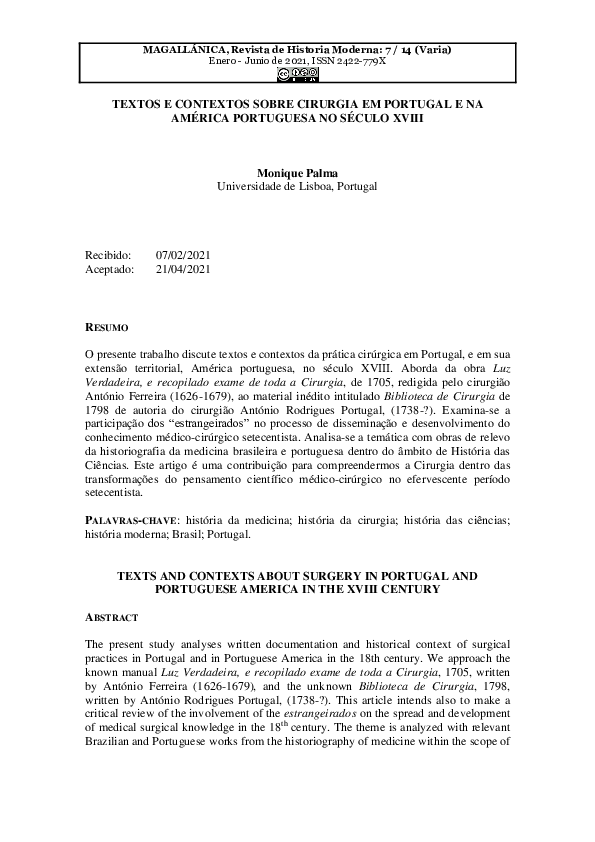 (PDF) MONIQUE PALMA: "Textos e contextos sobre cirurgia em Portugal e ...