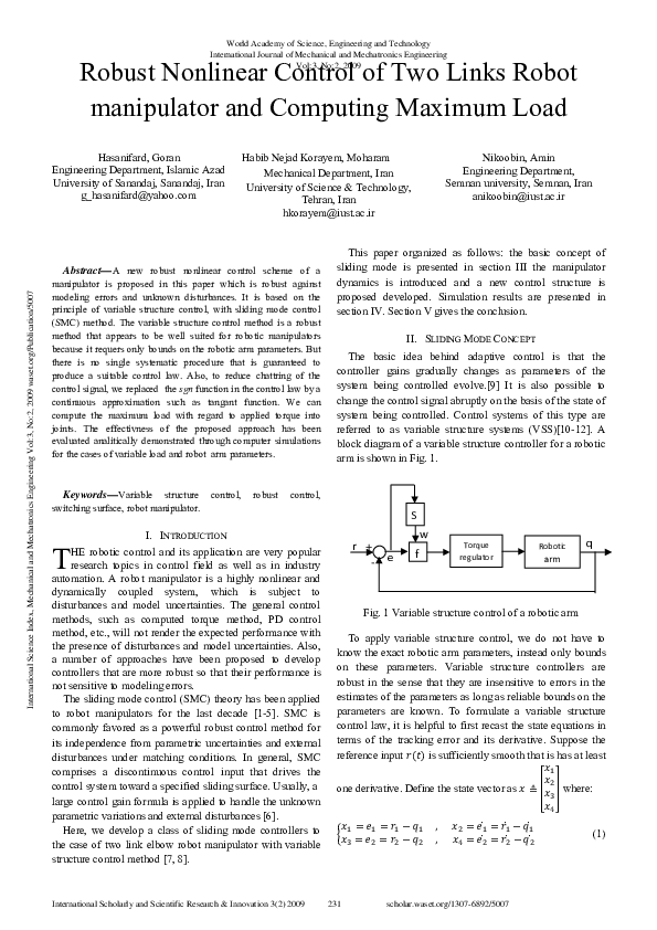(PDF) Robust Nonlinear Control Of Two Links Robot Manipulator And Computing Maximum Load