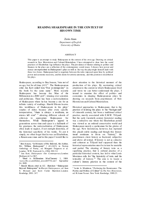 (PDF) Reading Shakespeare in the Context of His Own Time