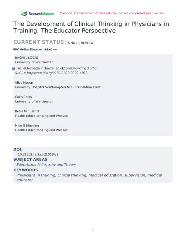 (PDF) The Development of Clinical Thinking in Physicians in Training ...