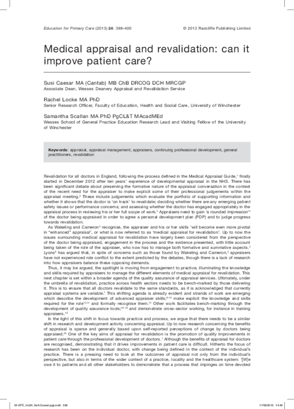 (PDF) Medical appraisal and revalidation: can it improve patient care?