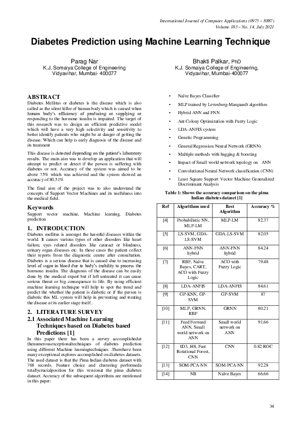 (PDF) Diabetes Prediction using Machine Learning Technique | Bhakti ...