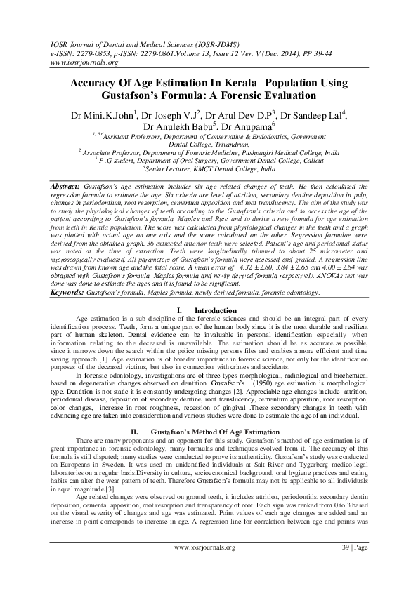 (PDF) Accuracy Of Age Estimation In Kerala Population Using Gustafson’s ...