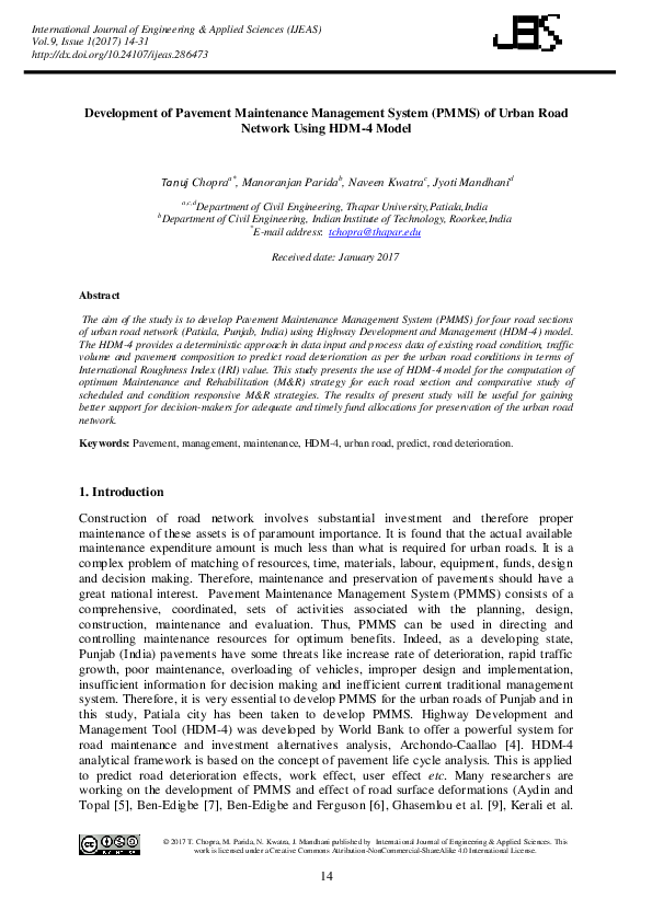 (PDF) Development of Pavement Maintenance Management System (PMMS) of Urban Road Network Using ...