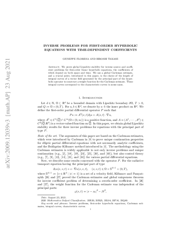 (PDF) Inverse problems for first-order hyperbolic equations with time ...