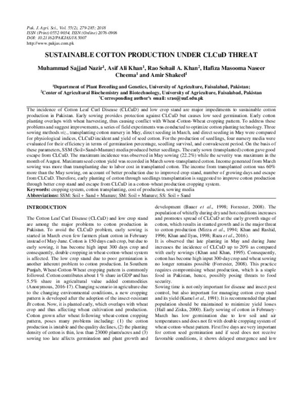 (PDF) SUSTAINABLE COTTON PRODUCTION UNDER CLCuD THREAT