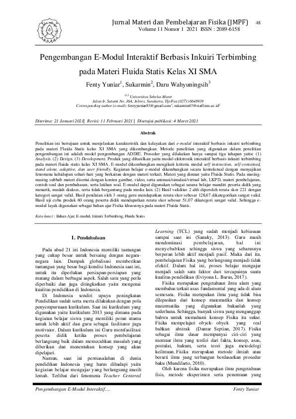 (PDF) Pengembangan E-Modul Interaktif Berbasis Inkuiri Terbimbing pada Materi Fluida Statis ...