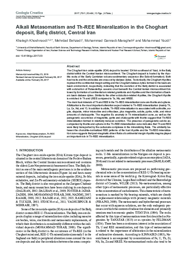 (PDF) Alkali Metasomatism and Th-REE Mineralization in the Choghart ...