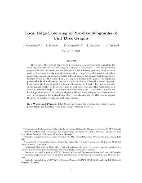 (PDF) Local edge colouring of Yao-like subgraphs of Unit Disk Graphs