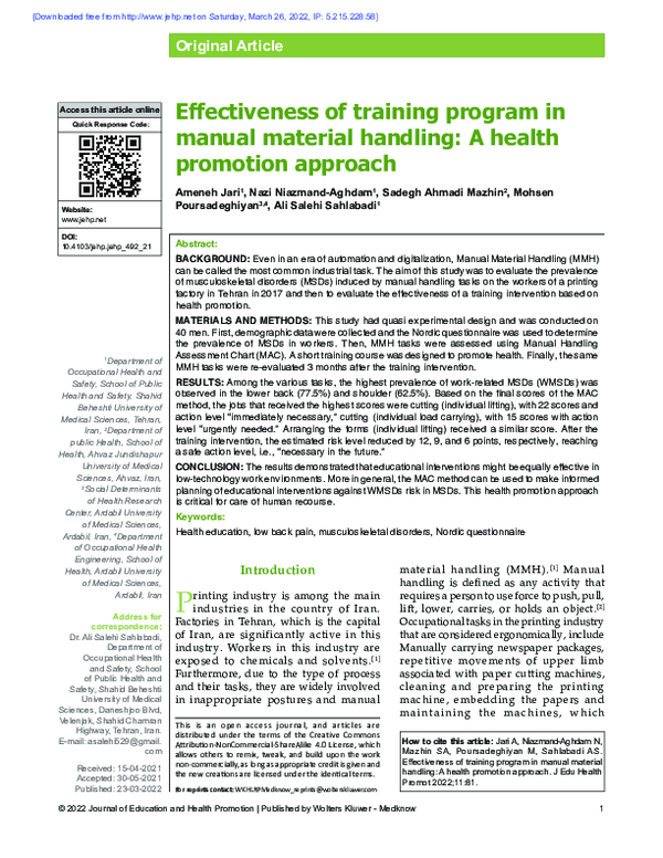 (PDF) Effectiveness of training program in manual material handling: A ...
