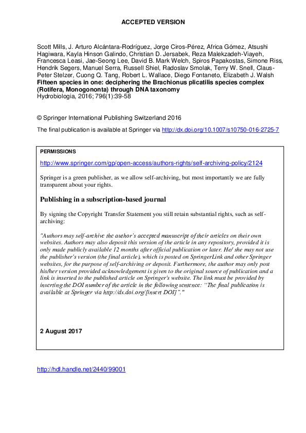 (PDF) Fifteen species in one: deciphering the Brachionus plicatilis ...