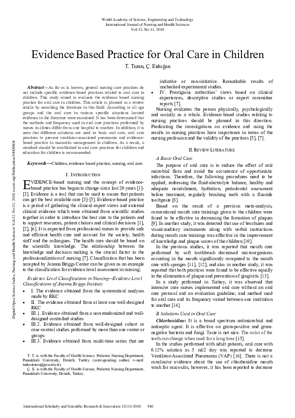 (PDF) Evidence Based Practice for Oral Care in Children