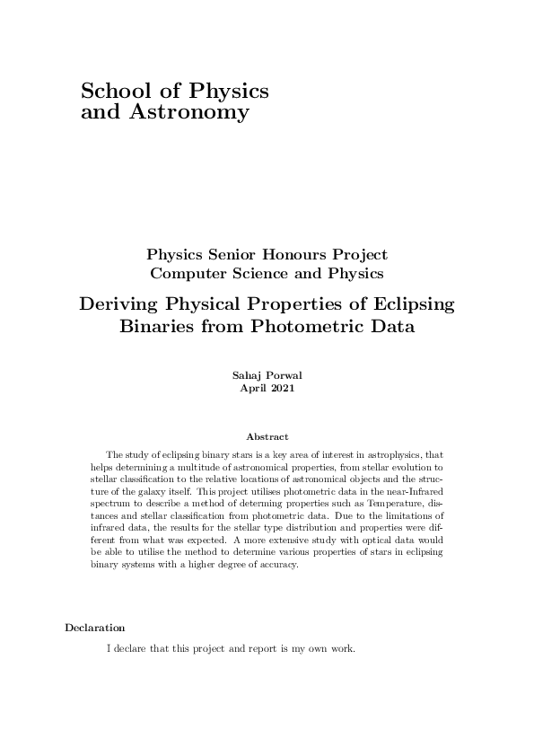(PDF) Physical Properties of Eclipsing Binaries from Photometric Data - Senior Honours Project