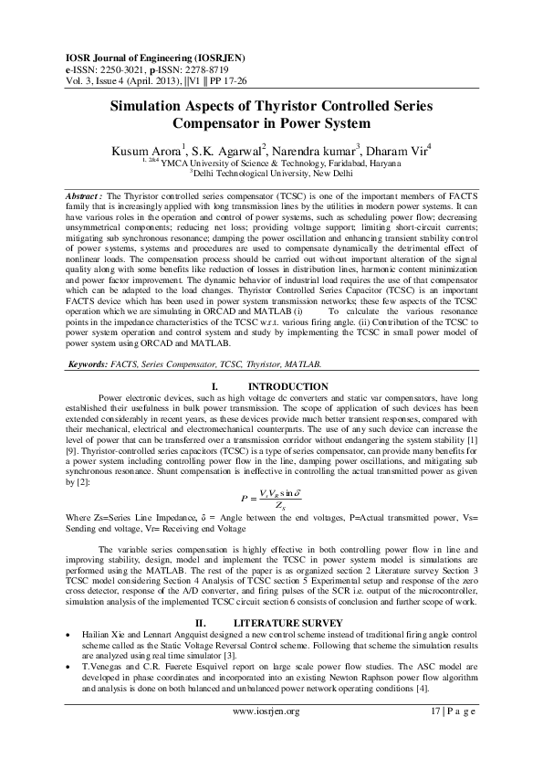(PDF) Simulation Aspects of Thyristor Controlled Series Compensator in Power System