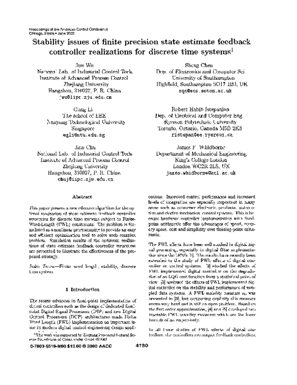 (PDF) Stability issues of finite precision state estimate feedback controller realizations for ...