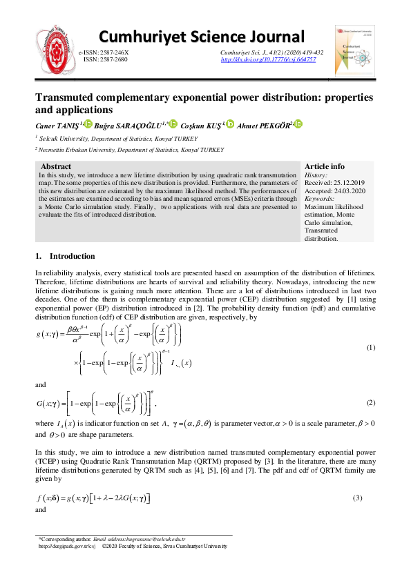 (PDF) Transmuted Complementary Exponential Power Distribution: Properties and Applications