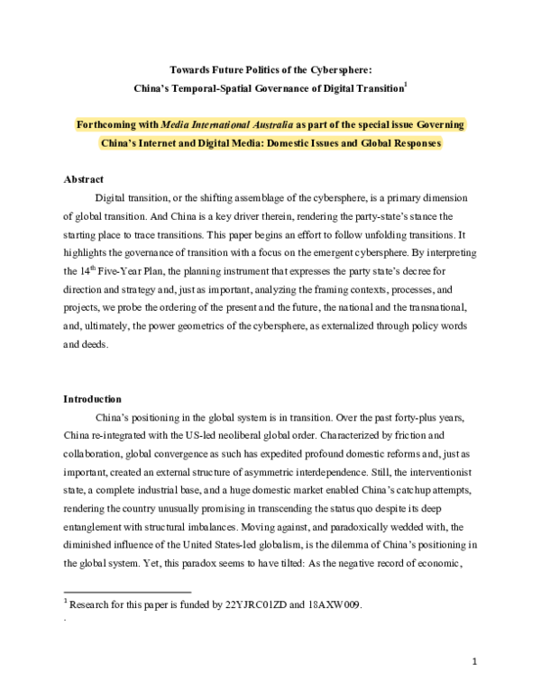 (PDF) Towards Future Politics of the Cybersphere: China’s Temporal ...